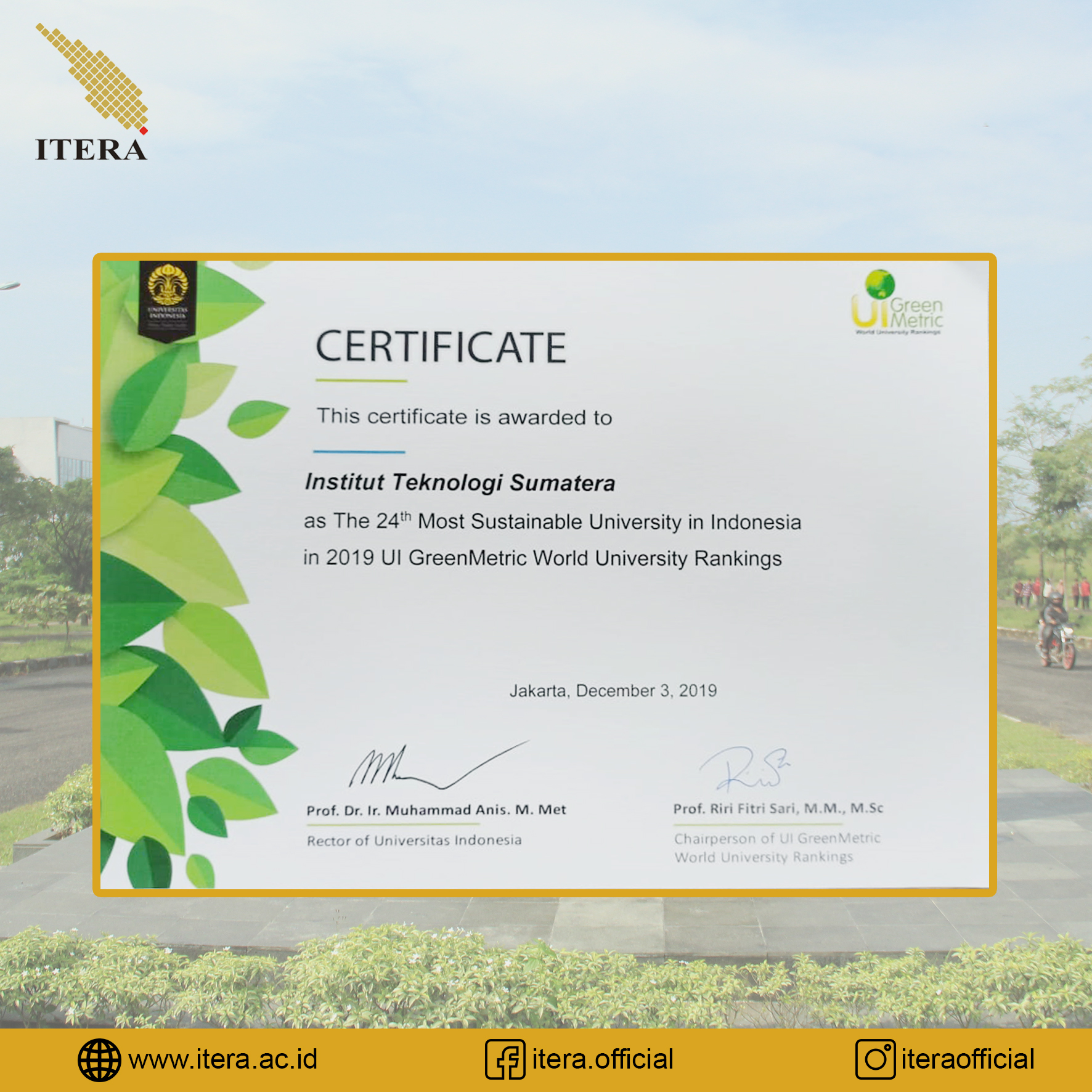 Jadi Pendatang Baru UI GreenMetric ITERA Peringkat 24 Nasional Kampus ...